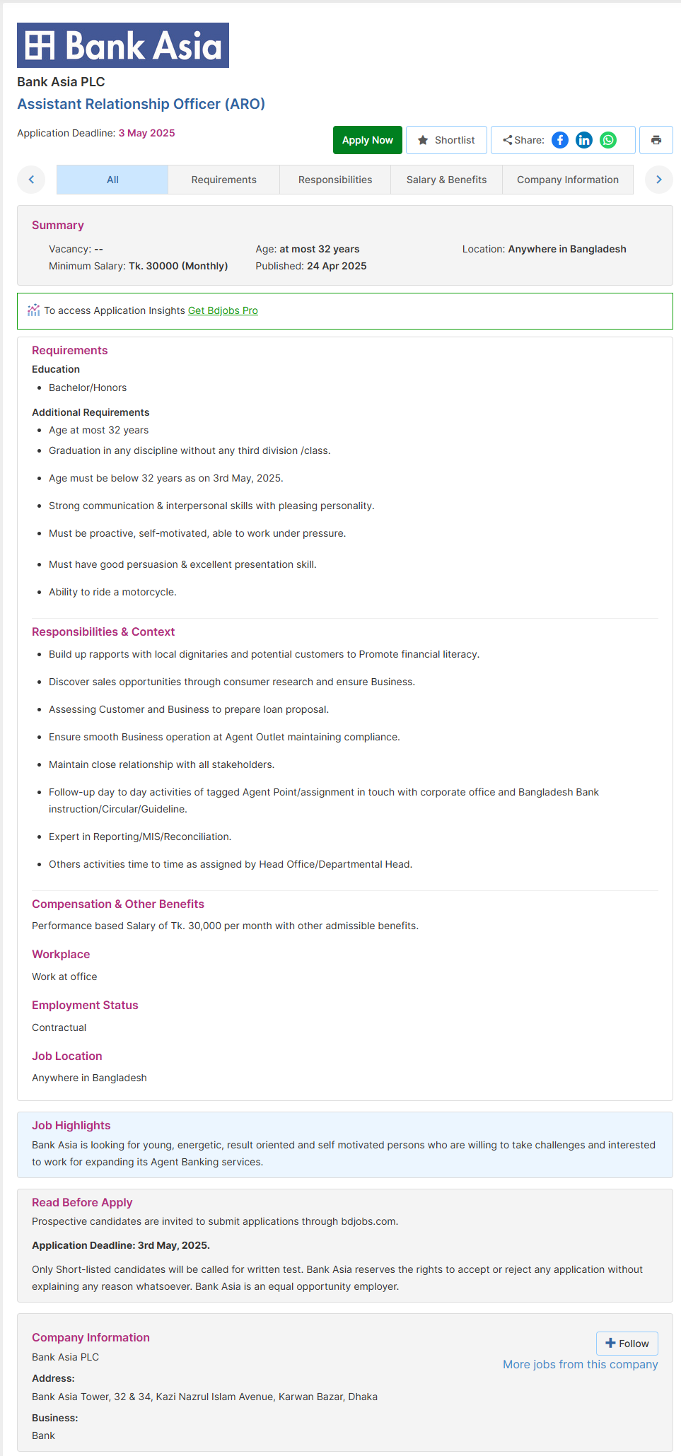 Bank Asia Job Circular 2025 | Company Job Circular - Daily Circulars